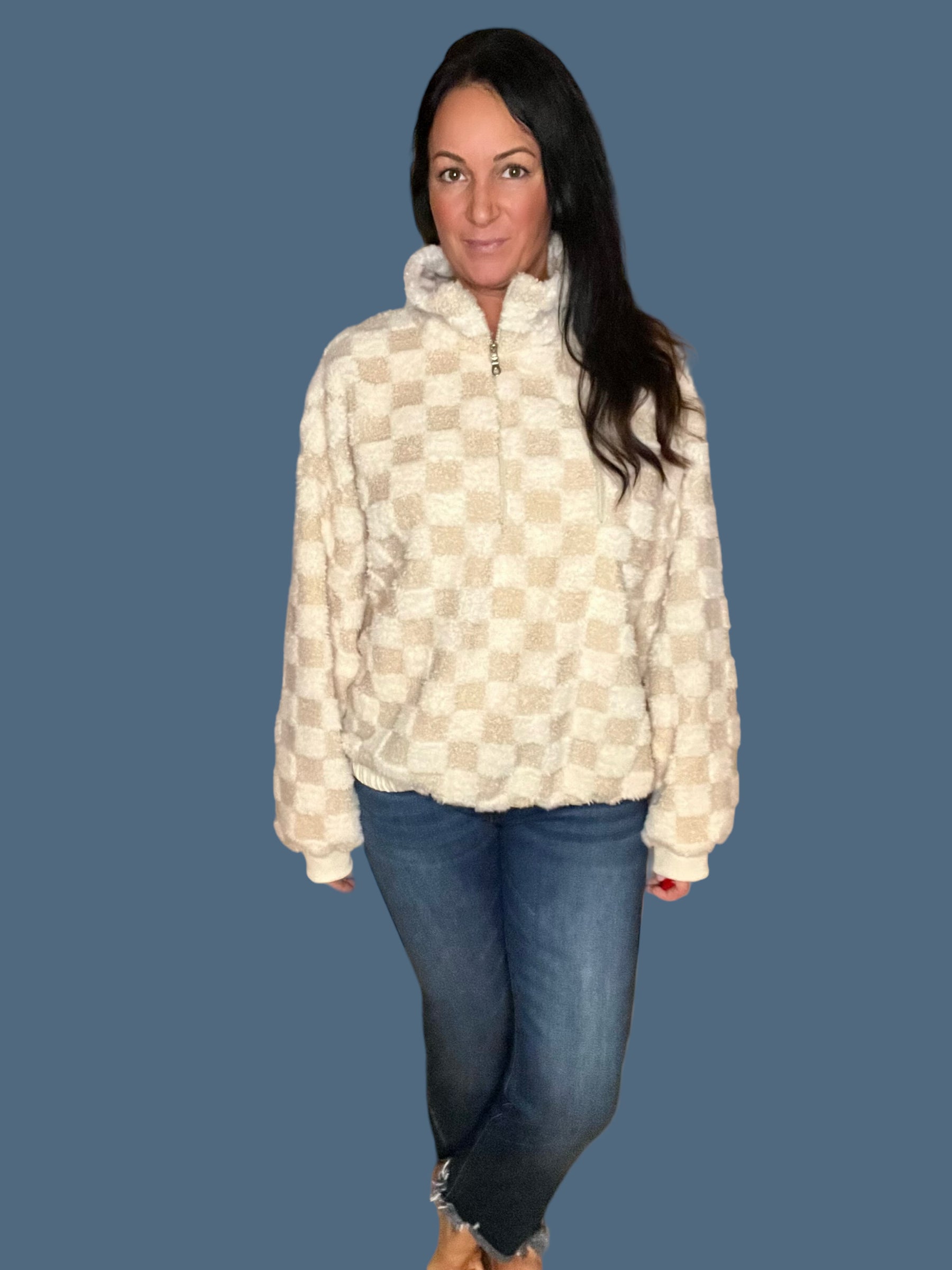 Checker Sherpa Half Zip Pullover – Bleu Lotus Boutique
